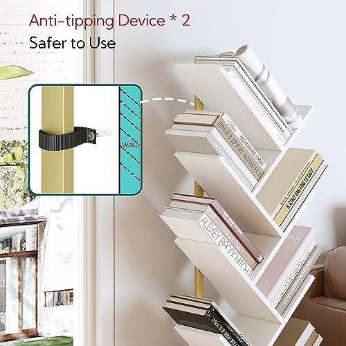 Yusong Tree Bookshelf, Geometric Bookcase with Steel Pipe for Living Room Bedroom, Floor Standing Books Shelves for Home Office (White, 9 Tier)