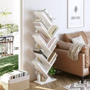 Yusong Tree Bookshelf, Geometric Bookcase with Steel Pipe for Living Room Bedroom, Floor Standing Books Shelves for Home Office (White, 9 Tier)