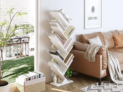 Yusong Tree Bookshelf, Geometric Bookcase with Steel Pipe for Living Room Bedroom, Floor Standing Books Shelves for Home Office (White, 9 Tier)