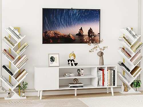 Yusong Tree Bookshelf, Geometric Bookcase with Steel Pipe for Living Room Bedroom, Floor Standing Books Shelves for Home Office (White, 9 Tier)