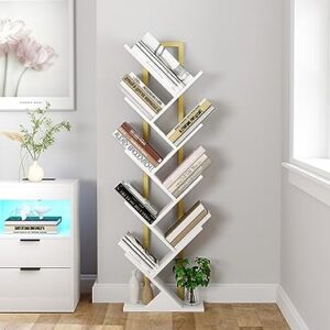 Yusong Tree Bookshelf, Geometric Bookcase with Steel Pipe for Living Room Bedroom, Floor Standing Books Shelves for Home Office (White, 9 Tier)