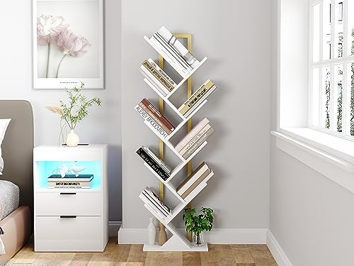 Yusong Tree Bookshelf, Geometric Bookcase with Steel Pipe for Living Room Bedroom, Floor Standing Books Shelves for Home Office (White, 9 Tier)