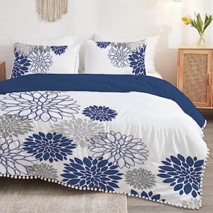 ortigia boho pom pom fringe duvet cover set queen size,blue dahlia floral duvet cover set soft washed microfiber 1 bed cover (90"x90") with 2 pillow shams(20"x 26") 3 pieces comforter cover