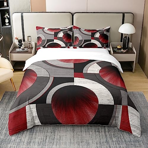 Abstract Geometric Circles Duvet Cover 100% Cotton Gradient Red Gray Swirls Patchwork Grid Bedding Set for Teens Adults Modern Simple Style Plaid Comforter Cover with 2 Pillowcases Queen Size 3 Pcs