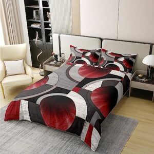 Abstract Geometric Circles Duvet Cover 100% Cotton Gradient Red Gray Swirls Patchwork Grid Bedding Set for Teens Adults Modern Simple Style Plaid Comforter Cover with 2 Pillowcases Queen Size 3 Pcs