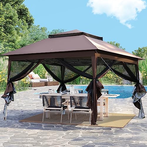 10'x10' Pop Up Gazebo Outdoor Canopy Tent Patio Gazebo Canopy Heavy Duty Party Tent with Mosquito Netting for Backyard Garden Patio and Lawn, Brown