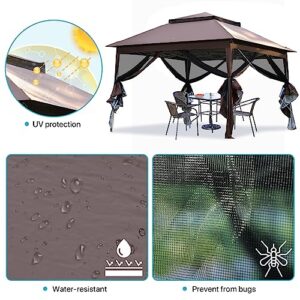 10'x10' Pop Up Gazebo Outdoor Canopy Tent Patio Gazebo Canopy Heavy Duty Party Tent with Mosquito Netting for Backyard Garden Patio and Lawn, Brown