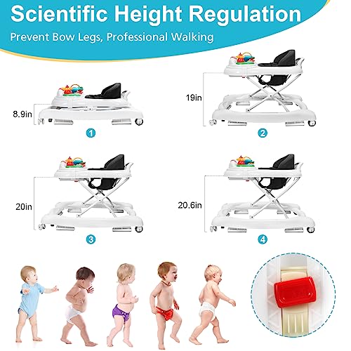 Boyro Baby 4 in 1 Baby Walker, Baby Walkers for Boys and Girls, Foldable Activity Walker with Adjustable Height, Music, Detachable Trampoline Mat, High Back Padded Seat