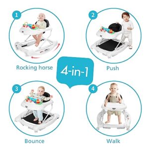 Boyro Baby 4 in 1 Baby Walker, Baby Walkers for Boys and Girls, Foldable Activity Walker with Adjustable Height, Music, Detachable Trampoline Mat, High Back Padded Seat