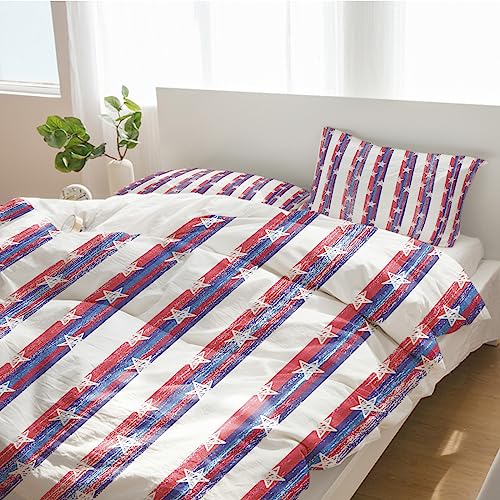 4th of July Queen Duvet Covers American Patriotic Stars Horizontal Stripe 3-Piece Bedding Sets Luxury Soft Microfiber Bed Comforter Protector with Pillow Cases for Women Men Girl Boy Red Blue White