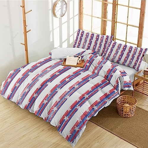 4th of July Queen Duvet Covers American Patriotic Stars Horizontal Stripe 3-Piece Bedding Sets Luxury Soft Microfiber Bed Comforter Protector with Pillow Cases for Women Men Girl Boy Red Blue White