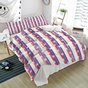 4th of July Queen Duvet Covers American Patriotic Stars Horizontal Stripe 3-Piece Bedding Sets Luxury Soft Microfiber Bed Comforter Protector with Pillow Cases for Women Men Girl Boy Red Blue White