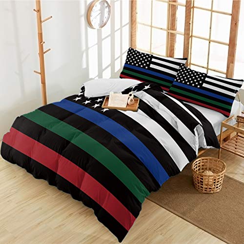 USA Flag Queen Duvet Covers Support Police Military and Firefighters 3-Piece Bedding Sets Luxury Soft Bed Comforter Protector with Pillow Cases for Women Men Girl Boy Thin Blue Green Red Line