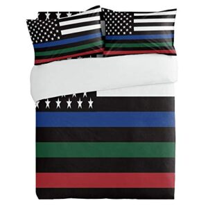 USA Flag Queen Duvet Covers Support Police Military and Firefighters 3-Piece Bedding Sets Luxury Soft Bed Comforter Protector with Pillow Cases for Women Men Girl Boy Thin Blue Green Red Line