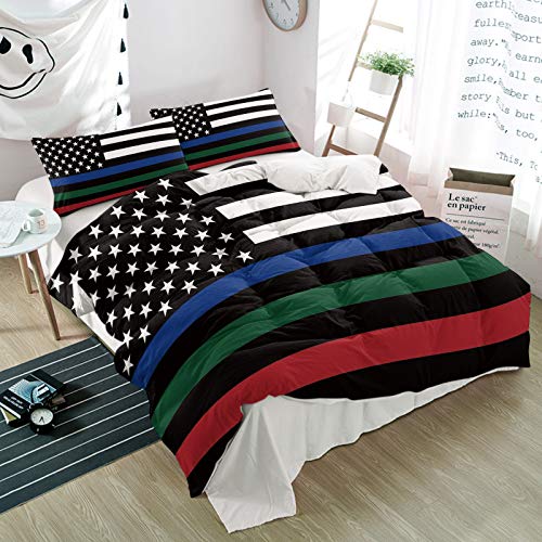 USA Flag Queen Duvet Covers Support Police Military and Firefighters 3-Piece Bedding Sets Luxury Soft Bed Comforter Protector with Pillow Cases for Women Men Girl Boy Thin Blue Green Red Line