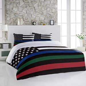 USA Flag Queen Duvet Covers Support Police Military and Firefighters 3-Piece Bedding Sets Luxury Soft Bed Comforter Protector with Pillow Cases for Women Men Girl Boy Thin Blue Green Red Line