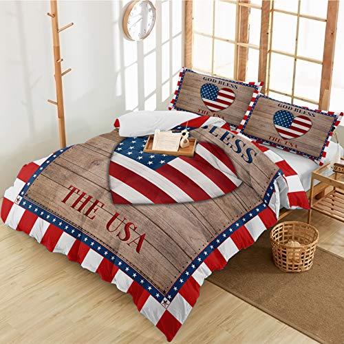 Independence Day Twin Duvet Covers American Flag Love Wood Plank 3-Piece Bedding Sets Luxury Soft Microfiber Bed Comforter Protector with Pillow Cases for Women Men Girl Boy Red White Plaid