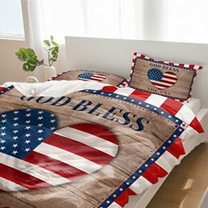 Independence Day Twin Duvet Covers American Flag Love Wood Plank 3-Piece Bedding Sets Luxury Soft Microfiber Bed Comforter Protector with Pillow Cases for Women Men Girl Boy Red White Plaid