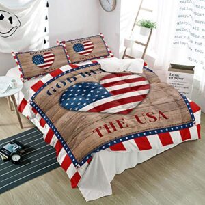 Independence Day Twin Duvet Covers American Flag Love Wood Plank 3-Piece Bedding Sets Luxury Soft Microfiber Bed Comforter Protector with Pillow Cases for Women Men Girl Boy Red White Plaid