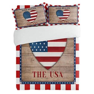 Independence Day Twin Duvet Covers American Flag Love Wood Plank 3-Piece Bedding Sets Luxury Soft Microfiber Bed Comforter Protector with Pillow Cases for Women Men Girl Boy Red White Plaid