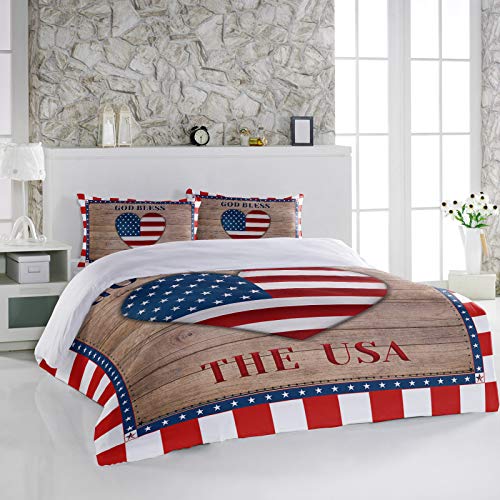 Independence Day Twin Duvet Covers American Flag Love Wood Plank 3-Piece Bedding Sets Luxury Soft Microfiber Bed Comforter Protector with Pillow Cases for Women Men Girl Boy Red White Plaid