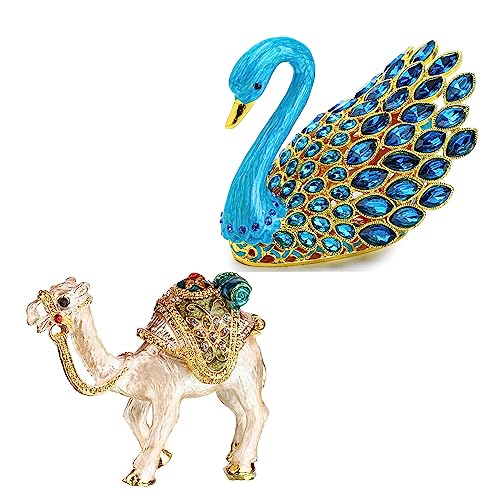 YU FENG Hand Painted Enameled Swan And Cute Camel Animal Trinket Jewelry Box