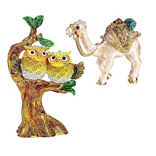 Hand Painted Enameled Pair of Yellow Owl Sitting on BranchAnd Cute Camel Animal Trinket Jewelry Box