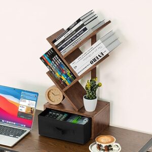 SHEEPAM Small Bookshelf with Drawer,3 Tier Tree Book Shelf,Wood Desk Bookshelves,Modern Free Standing Desktop Display Shelves,Brown Floor Standing Organizer Bookcase for Living Room,Bedroom,Office