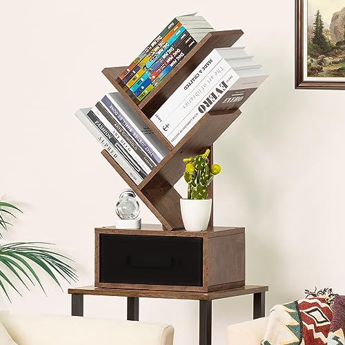 SHEEPAM Small Bookshelf with Drawer,3 Tier Tree Book Shelf,Wood Desk Bookshelves,Modern Free Standing Desktop Display Shelves,Brown Floor Standing Organizer Bookcase for Living Room,Bedroom,Office