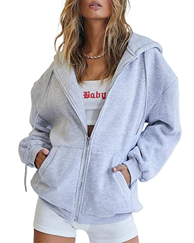 AUTOMET Hoodies for Women Fall Fashion Clothes 2023 Zip up Oversized Sweatshirt Fleece Jackets Long Sleeve Comfy Winter Clothes Teen Girls Cute Y2K Tops with Pocket Grey