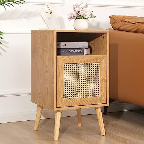 Betterhood Rattan Nightstand, Boho Side Table with Handmade Rattan Decorated Drawer, Mid-Century Modern Nightstand with Open Storage Shelf for Bedroom, Living Room, Natural