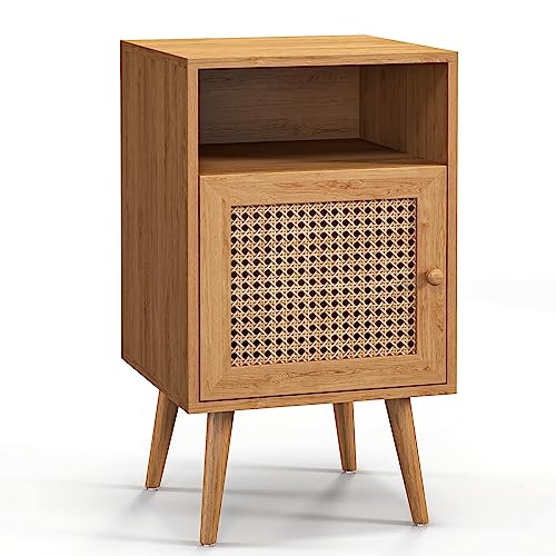 Betterhood Rattan Nightstand, Boho Side Table with Handmade Rattan Decorated Drawer, Mid-Century Modern Nightstand with Open Storage Shelf for Bedroom, Living Room, Natural