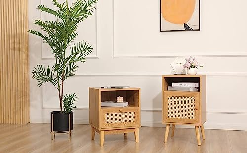 Betterhood Rattan Nightstand, Boho Side Table with Handmade Rattan Decorated Drawer, Mid-Century Modern Nightstand with Open Storage Shelf for Bedroom, Living Room, Natural