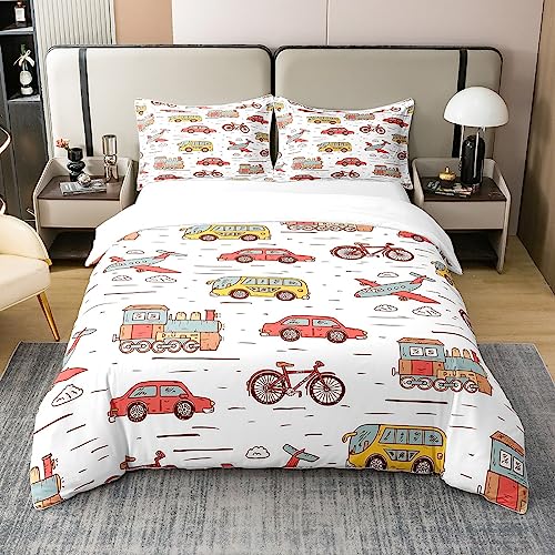 jejeloiu Cartoon Car Bedding Cotton Duvet Cover Set Kids Train Airplane Print Duvet Cover 100% Cotton King Size Boys Girls Decor Bus Bicycle Rider Comforter Cover Set Aircraft Red Bedspread Cover