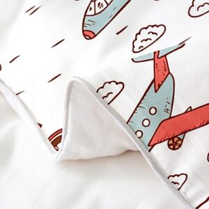 jejeloiu Cartoon Car Bedding Cotton Duvet Cover Set Kids Train Airplane Print Duvet Cover 100% Cotton King Size Boys Girls Decor Bus Bicycle Rider Comforter Cover Set Aircraft Red Bedspread Cover