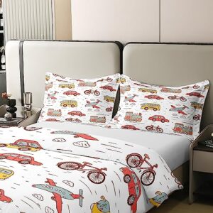 jejeloiu Cartoon Car Bedding Cotton Duvet Cover Set Kids Train Airplane Print Duvet Cover 100% Cotton King Size Boys Girls Decor Bus Bicycle Rider Comforter Cover Set Aircraft Red Bedspread Cover