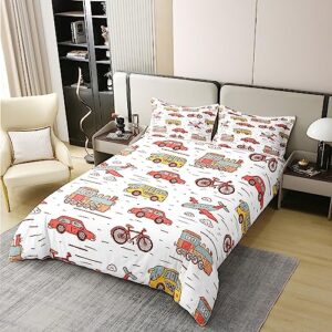 jejeloiu Cartoon Car Bedding Cotton Duvet Cover Set Kids Train Airplane Print Duvet Cover 100% Cotton King Size Boys Girls Decor Bus Bicycle Rider Comforter Cover Set Aircraft Red Bedspread Cover