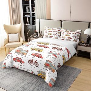 jejeloiu Cartoon Car Bedding Cotton Duvet Cover Set Kids Train Airplane Print Duvet Cover 100% Cotton King Size Boys Girls Decor Bus Bicycle Rider Comforter Cover Set Aircraft Red Bedspread Cover