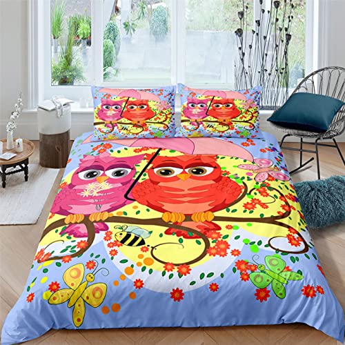 NUEYSP Duvet Cover Queen Red Owl Bedding Set for Kids, Duvet Cover with Zipper Closure and 2 Pillow Shams, Soft Comfortable Breathable Skin-Friendly Comforter Cover(90"x 90")