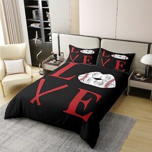 jejeloiu Baseball Duvet Cover 100% Cotton Full Size Sports Game Bedding SetBaseball Gaming Gift for Baseball Lover Red Black Comforter Cover Set