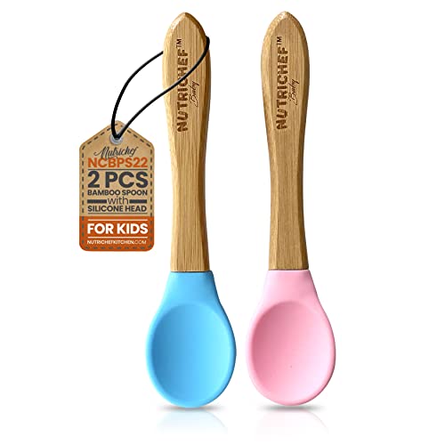 Nutrichef 2 Piece Baby & Toddler Spoon Set, All Natural Wooden Spoon Set w/Soft Curved Food Grade Silicone Head, Self-Feeding Utensils, BPA Free, Toddler & Child Tableware for ages 4 months- 6 years