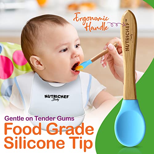 Nutrichef 2 Piece Baby & Toddler Spoon Set, All Natural Wooden Spoon Set w/Soft Curved Food Grade Silicone Head, Self-Feeding Utensils, BPA Free, Toddler & Child Tableware for ages 4 months- 6 years