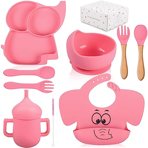 Silicone Baby Feeding Set,11Pack Toddlers Weaning Feeding Sippy Cup with Straw and Lid,Baby Bibs,Bowl Plate with Suction,Baby Feeding Supplies Set (Elephant_Light Pink)