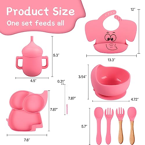 Silicone Baby Feeding Set,11Pack Toddlers Weaning Feeding Sippy Cup with Straw and Lid,Baby Bibs,Bowl Plate with Suction,Baby Feeding Supplies Set (Elephant_Light Pink)