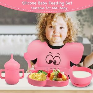 Silicone Baby Feeding Set,11Pack Toddlers Weaning Feeding Sippy Cup with Straw and Lid,Baby Bibs,Bowl Plate with Suction,Baby Feeding Supplies Set (Elephant_Light Pink)