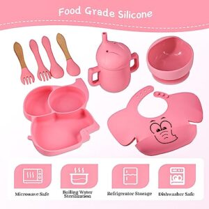 Silicone Baby Feeding Set,11Pack Toddlers Weaning Feeding Sippy Cup with Straw and Lid,Baby Bibs,Bowl Plate with Suction,Baby Feeding Supplies Set (Elephant_Light Pink)