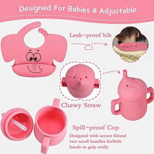 Silicone Baby Feeding Set,11Pack Toddlers Weaning Feeding Sippy Cup with Straw and Lid,Baby Bibs,Bowl Plate with Suction,Baby Feeding Supplies Set (Elephant_Light Pink)