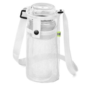 water bottle bag with strap, mesh water bottle holder crossbody water bottle sling bag adjustable shoulder strap and pocket - lightweight water bottle carrier for walking sports hiking camping (white)