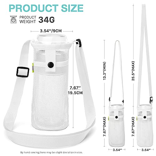 Water Bottle Bag with Strap, Mesh Water Bottle Holder Crossbody Water Bottle Sling Bag Adjustable Shoulder Strap and Pocket - Lightweight Water Bottle Carrier for Walking Sports Hiking Camping (White)