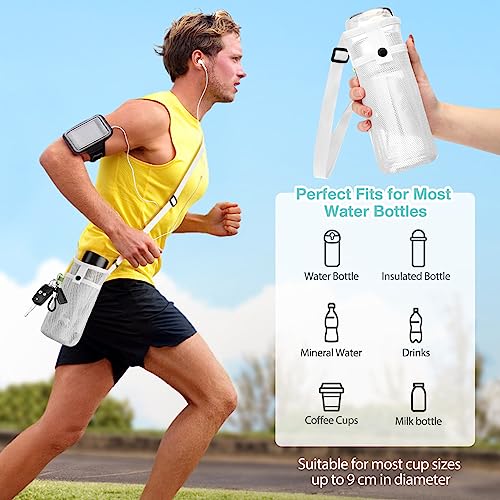 Water Bottle Bag with Strap, Mesh Water Bottle Holder Crossbody Water Bottle Sling Bag Adjustable Shoulder Strap and Pocket - Lightweight Water Bottle Carrier for Walking Sports Hiking Camping (White)